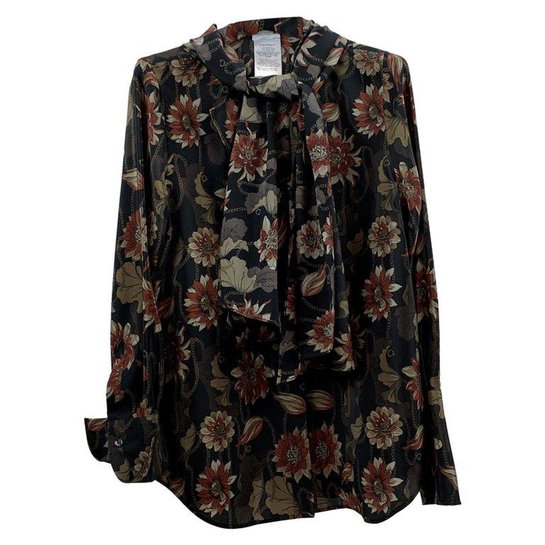 Salvatore Ferragamo Black Silk Floral Print Pussybow Shirt Size 44 IT ...