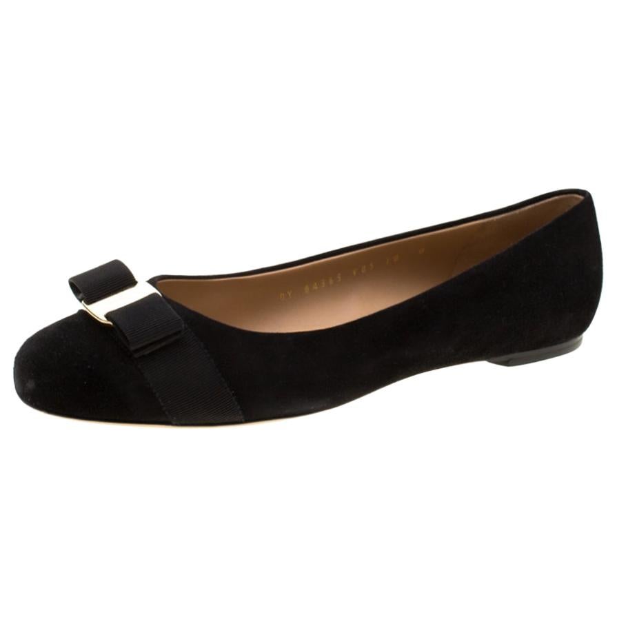 Salvatore Ferragamo Black Suede Varina Bow Ballet Flats Size 40.5 at ...