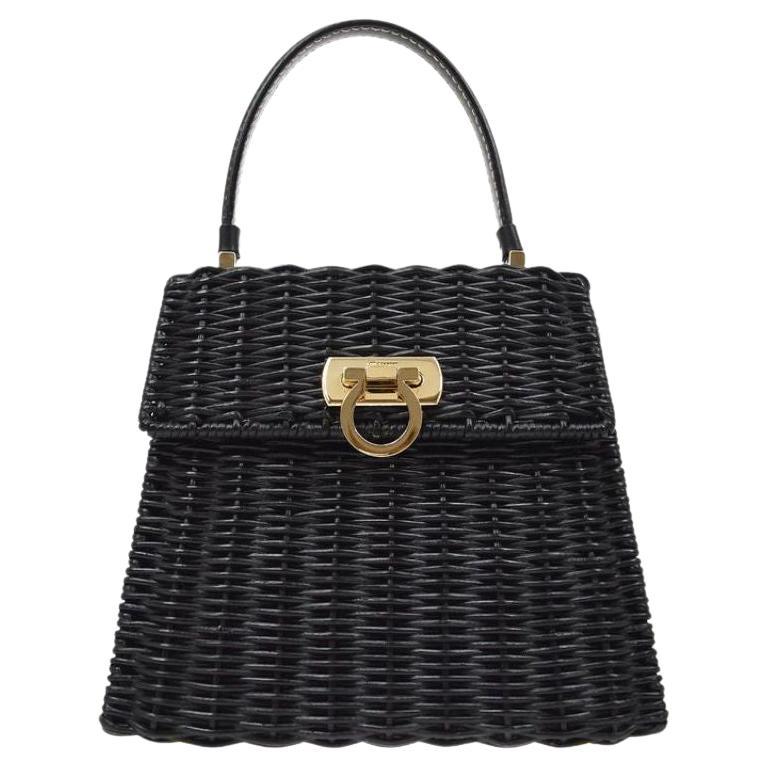 SALVATORE FERRAGAMO Black Woven Wicker Gold Top Handle Kelly Style ...