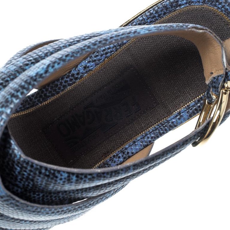 Salvatore Ferragamo Blue Lizard Embossed Leather Magritta Cross Strap ...