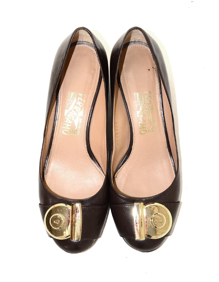 Salvatore Ferragamo Brown Leather Heels W/ Gold Buckle and Chain Sz 7 ...