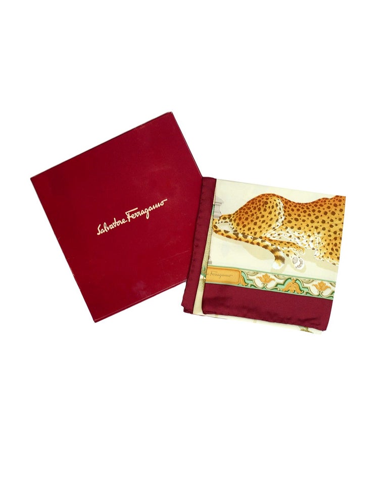 Salvatore Ferragamo Burgundy Red/Cream Leopard Silk Scarf 90cm at 1stDibs