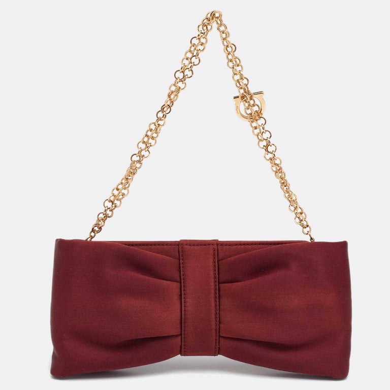 Salvatore Ferragamo Burgundy Satin Knot Chain Clutch For Sale at 1stDibs