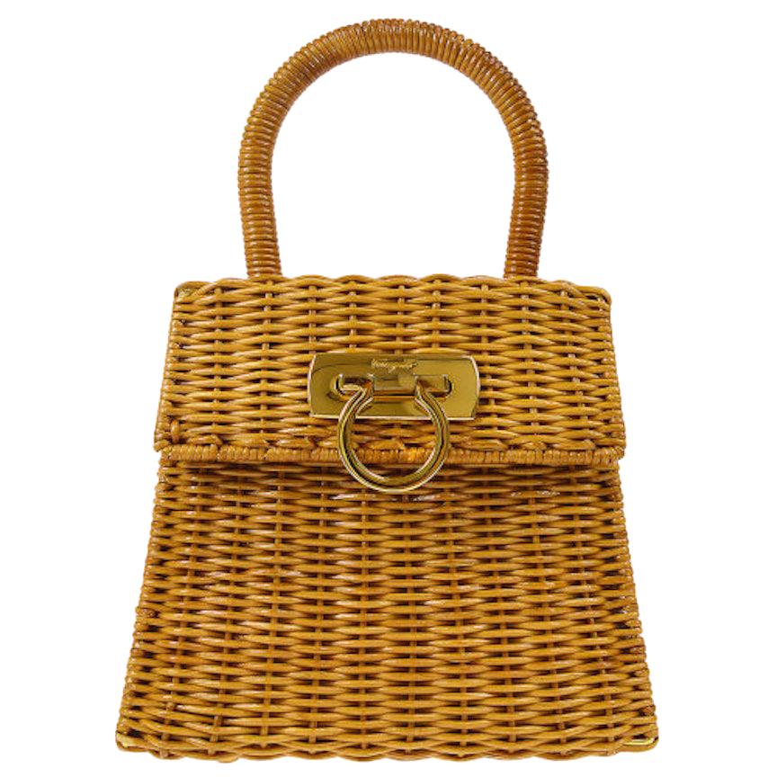 Salvatore Ferragamo Cognac Tan Wicker Gold Top Handle Satchel Kelly Bag ...