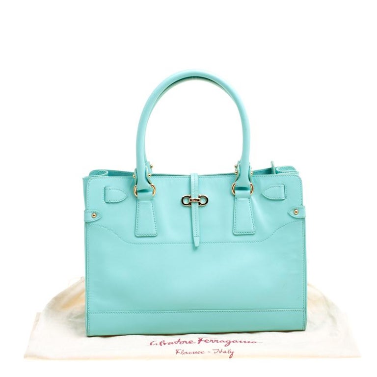 Salvatore Ferragamo Cyan Leather Small Briana Tote For Sale at 1stDibs