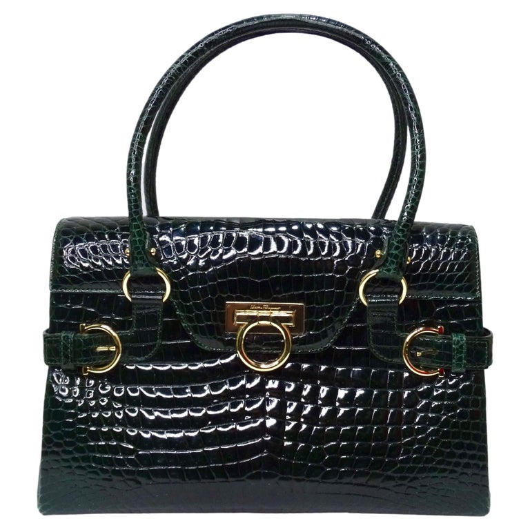 Salvatore Ferragamo Flap Green Alligator Handbag For Sale at 1stDibs