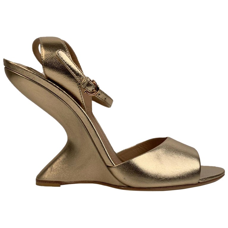 Salvatore Ferragamo Gold Leather Arsina Wedge Sandals US 7.5C EU 38 For ...