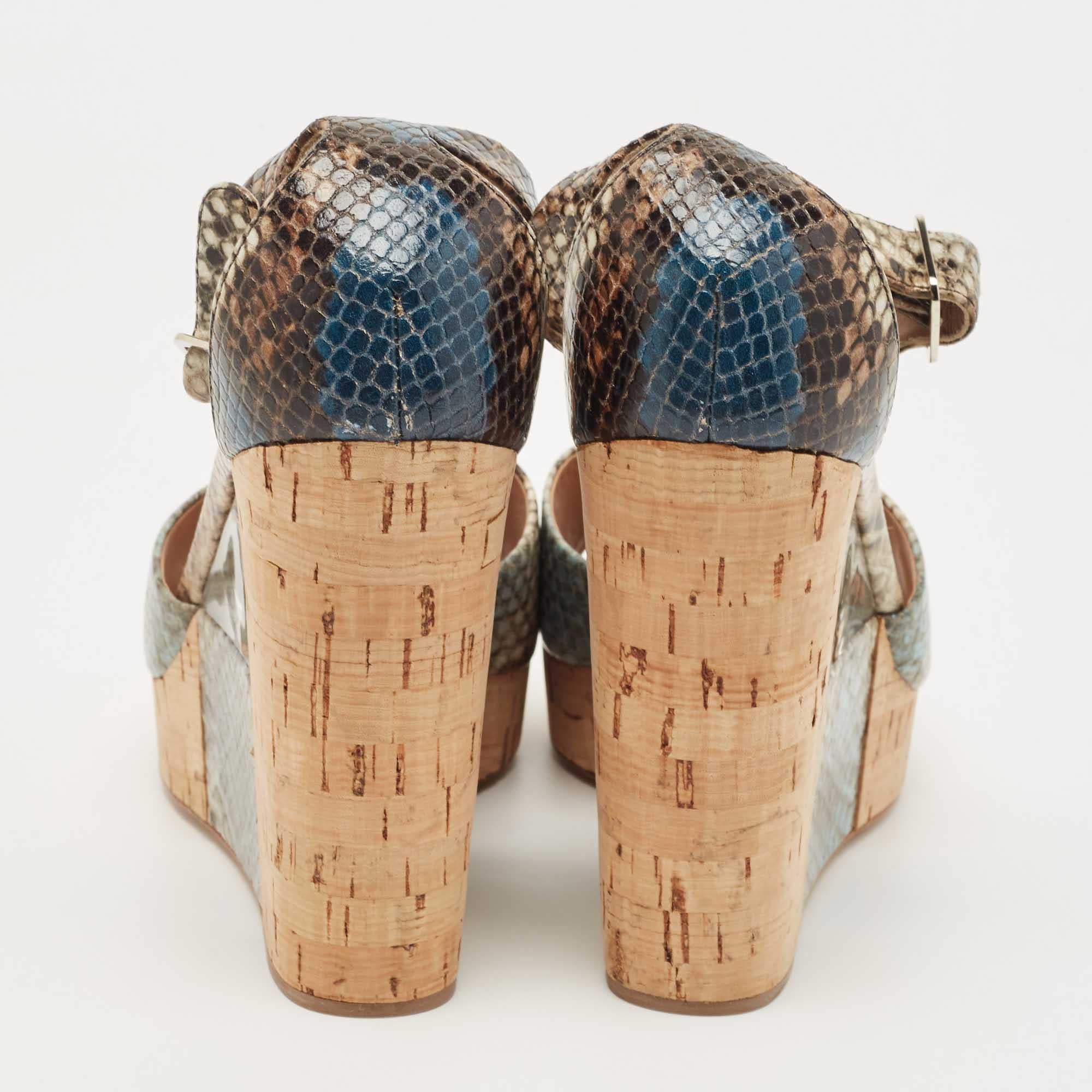 Salvatore Ferragamo Multicolor Python Embossed Cork Wedge Ankle Sandals Size 38 For Sale at 1stDibs