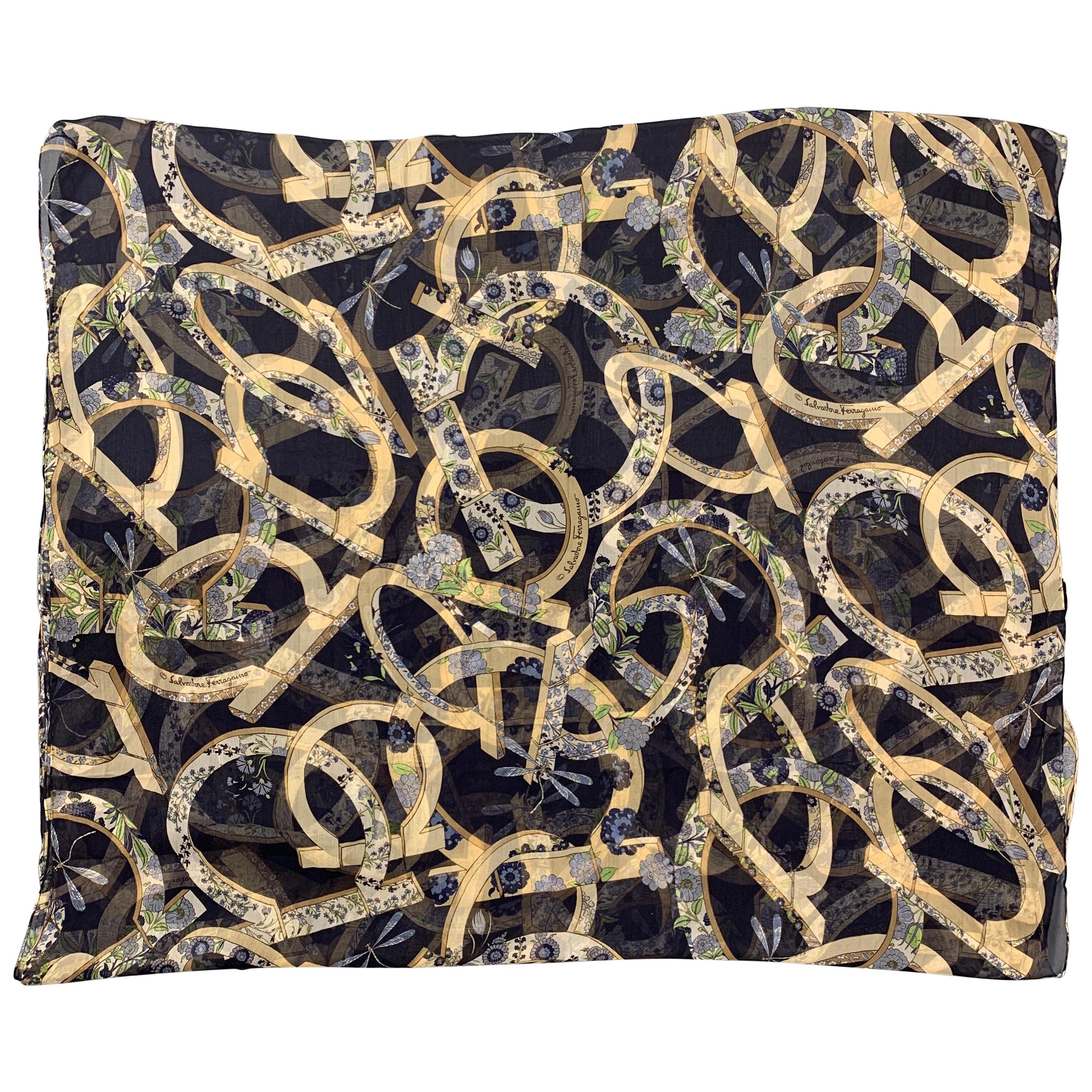 SALVATORE FERRAGAMO Black Green and Gold Tropical Floral Tiger Print ...