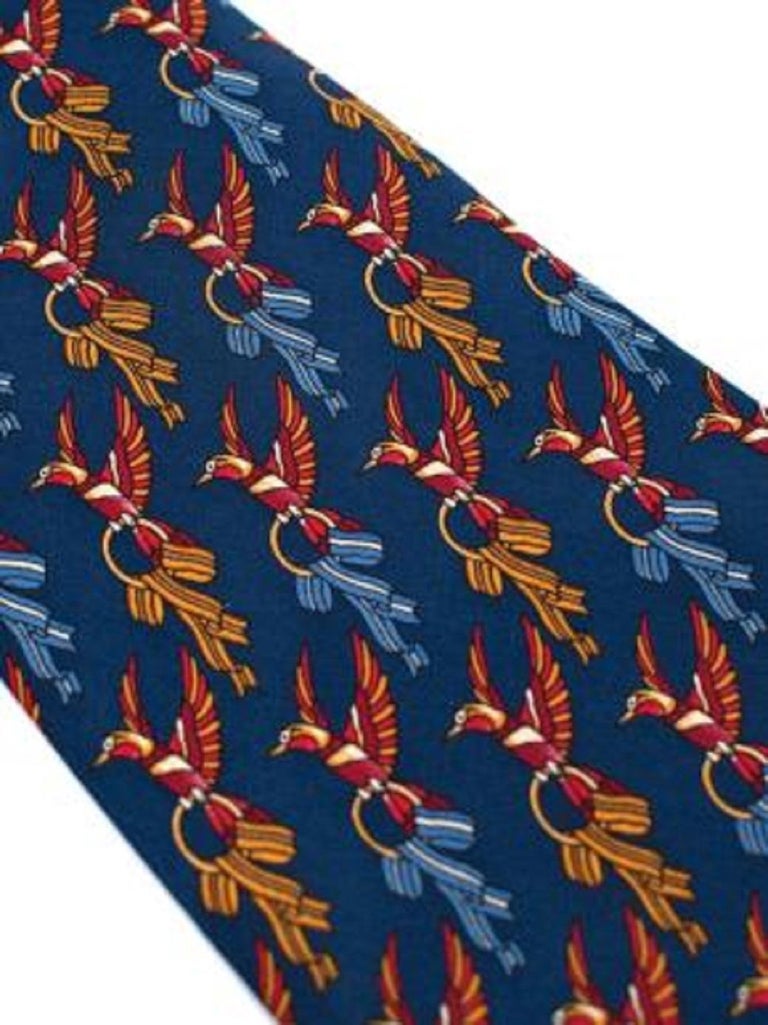 Salvatore Ferragamo Navy Blue Hummingbird Motif Silk Twill Tie For Sale ...