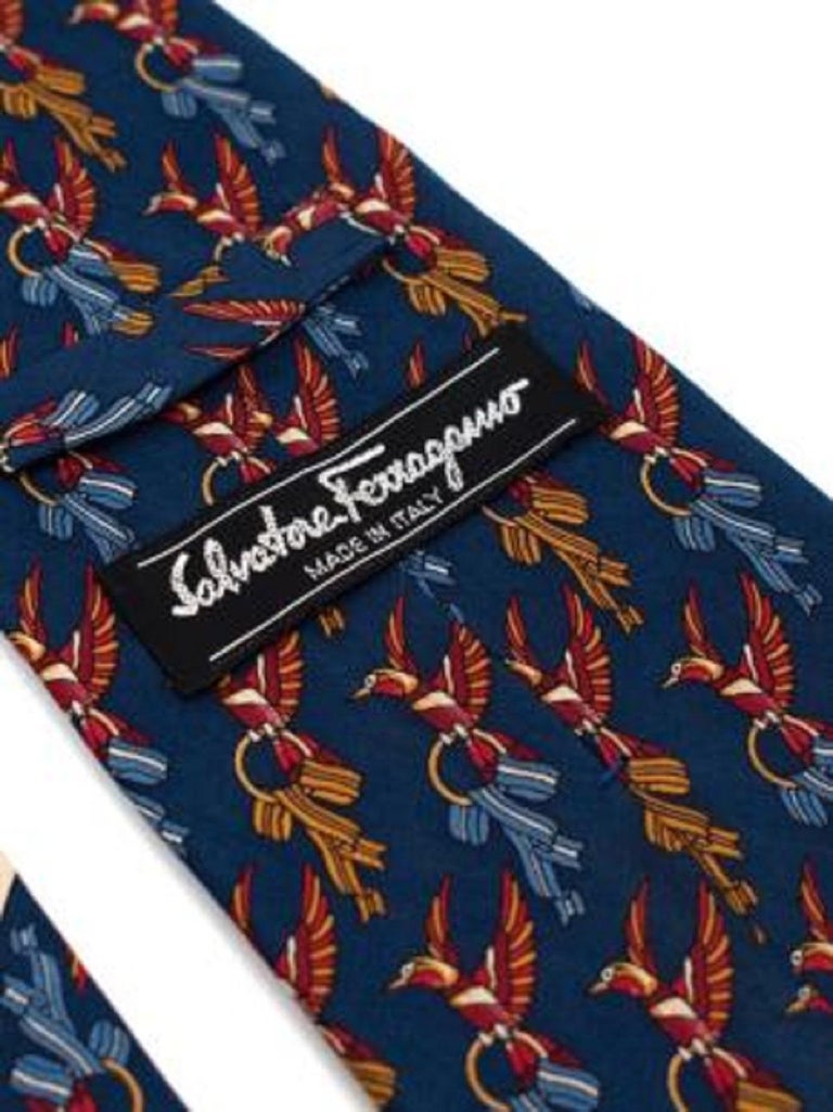 Salvatore Ferragamo Navy Blue Hummingbird Motif Silk Twill Tie For Sale ...
