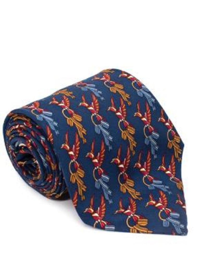 Salvatore Ferragamo Navy Blue Hummingbird Motif Silk Twill Tie For Sale ...