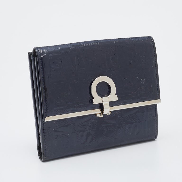 Salvatore Ferragamo Navy Blue Logo Embossed Patent Leather Gancini ...