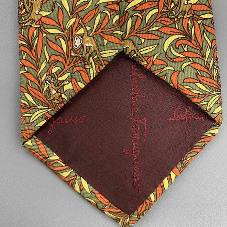 SALVATORE FERRAGAMO Olive Green and Orange Silk Monkey Print Tie at 1stDibs