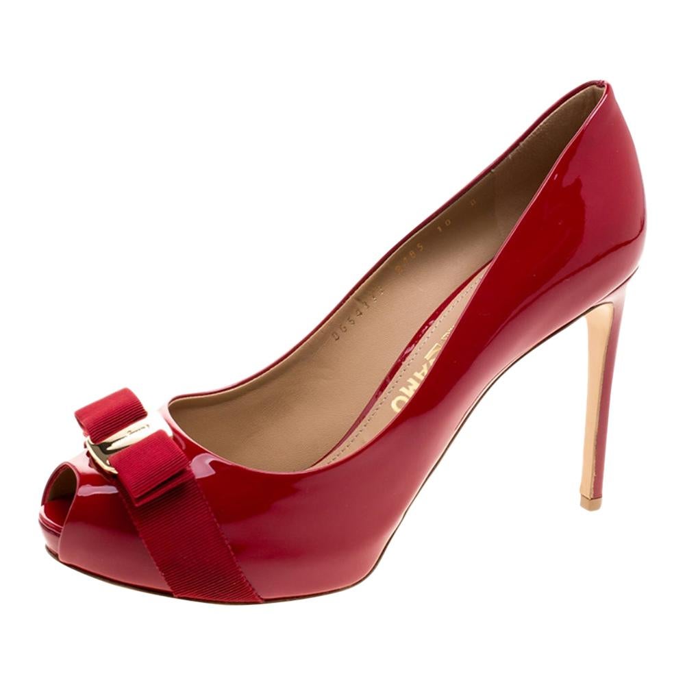 Salvatore Ferragamo Red Patent Leather Plum Peep Toe Platform Pumps ...