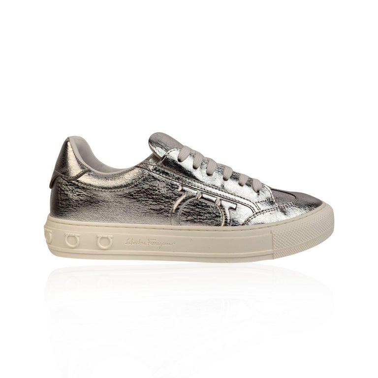 Salvatore Ferragamo Silver Leather Borg Sneakers Size US 7C EU 37.5 For ...