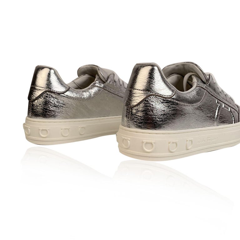 Salvatore Ferragamo Silver Leather Borg Sneakers Size US 7C EU 37.5 For ...