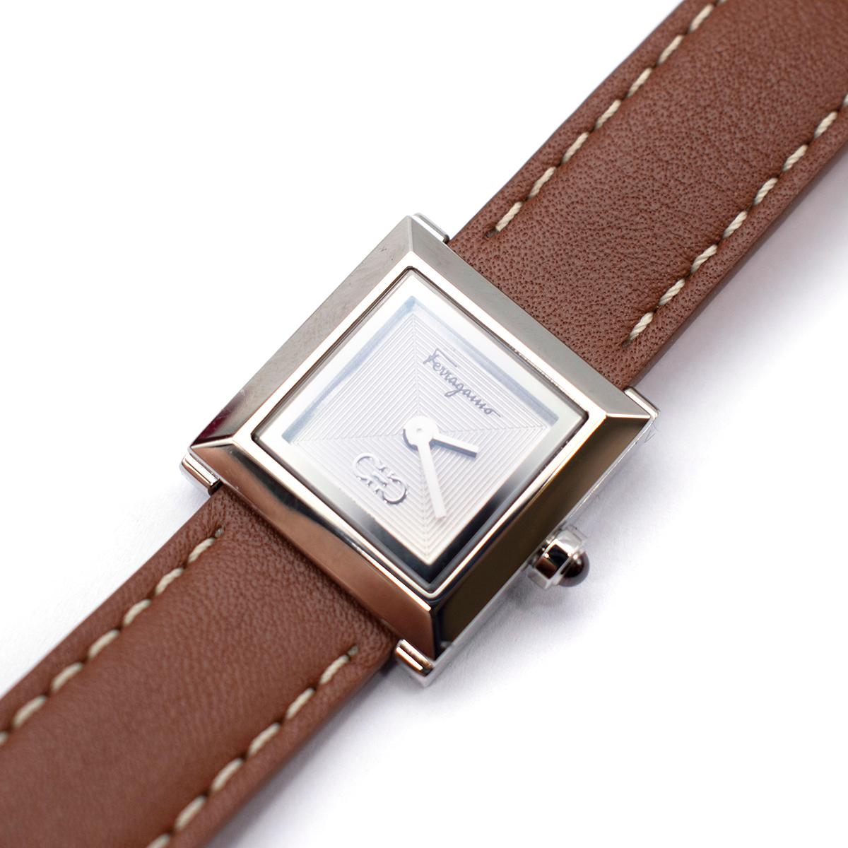 Salvatore Ferragamo Silver Square Watch with Tan Leather Strap For Sale ...