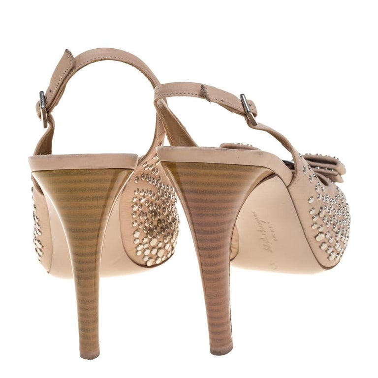 Salvatore Ferragamo Studded Beige Leather Louvre Scilla Bow Sandals ...