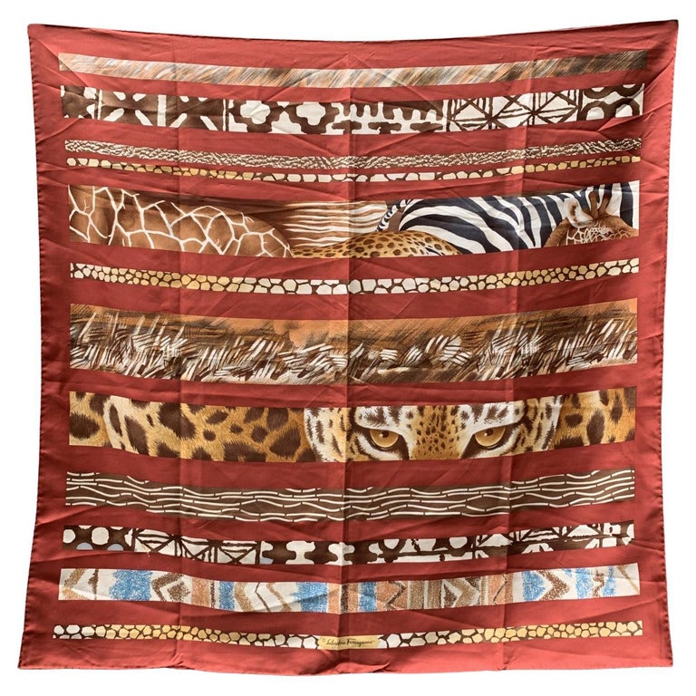 Salvatore Ferragamo Vintage Brown Striped Animaler Print Silk Scarf For ...