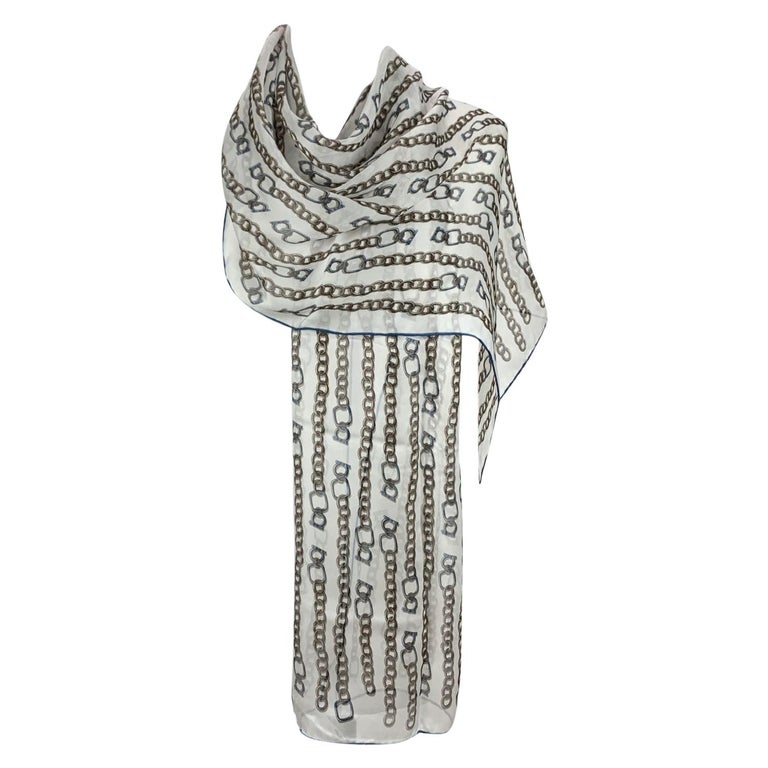 Salvatore Ferragamo White Silk Catena Chain Oblong Scarf For Sale at ...