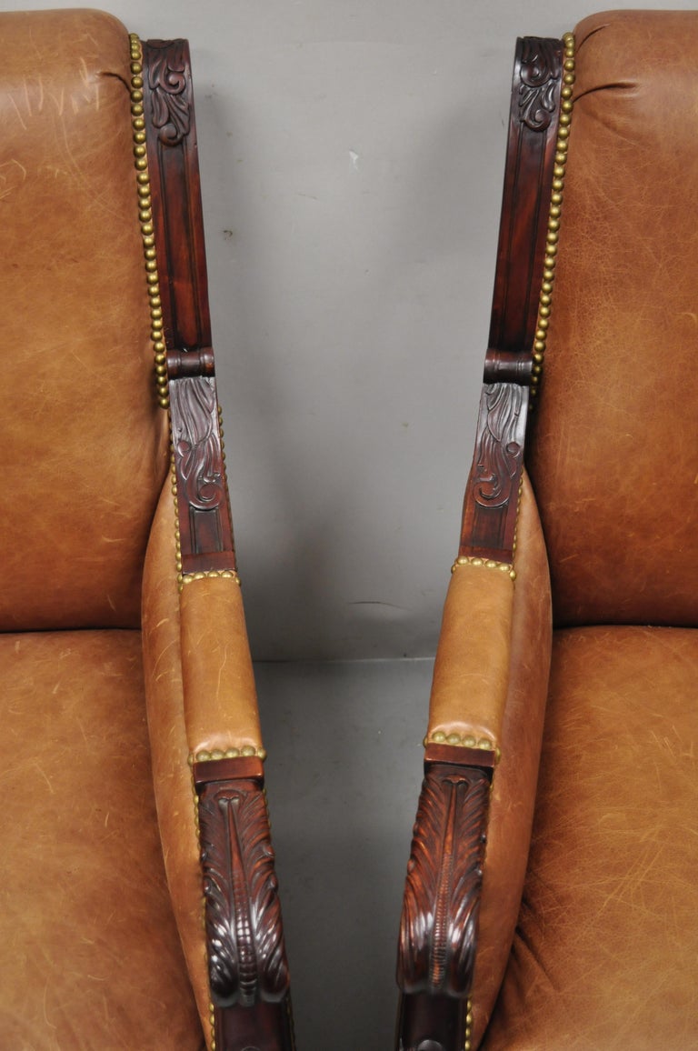 Sam Moore Brown Saddle Leather Carved Wood Regency Lounge Arm Chairs, a ...