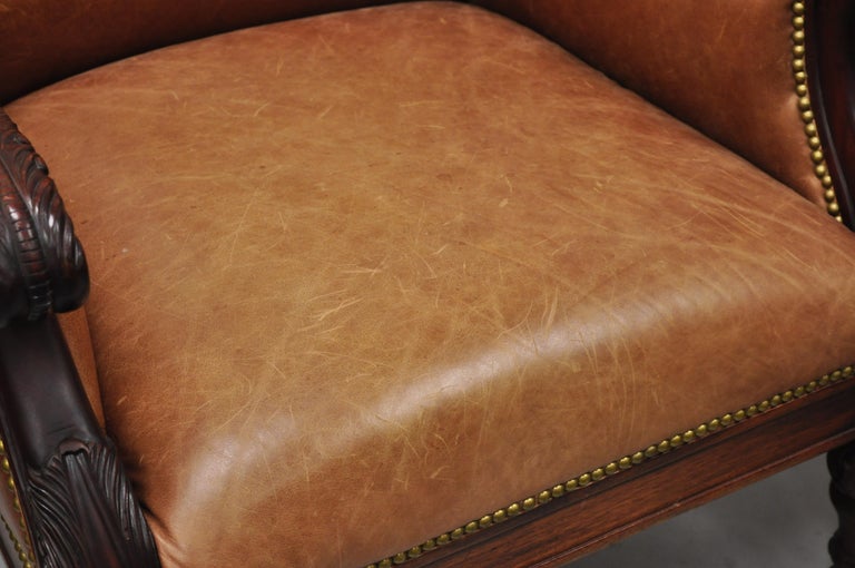 Sam Moore Brown Saddle Leather Carved Wood Regency Lounge Arm Chairs, a ...