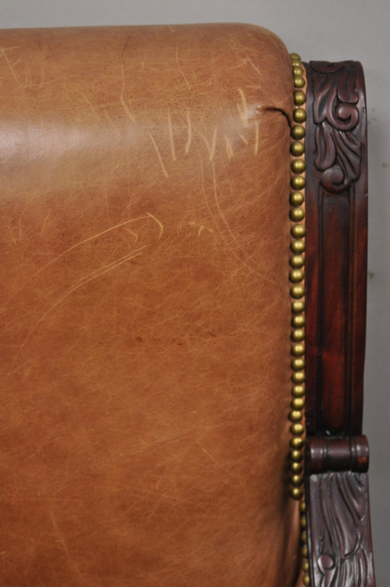 Sam Moore Brown Saddle Leather Carved Wood Regency Lounge Arm Chairs, a ...