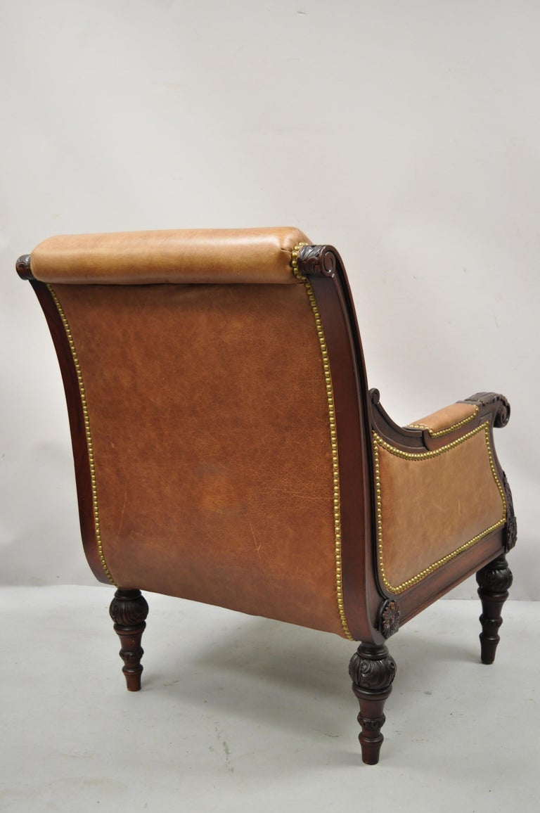 Sam Moore Brown Saddle Leather Carved Wood Regency Lounge Arm Chairs, a ...