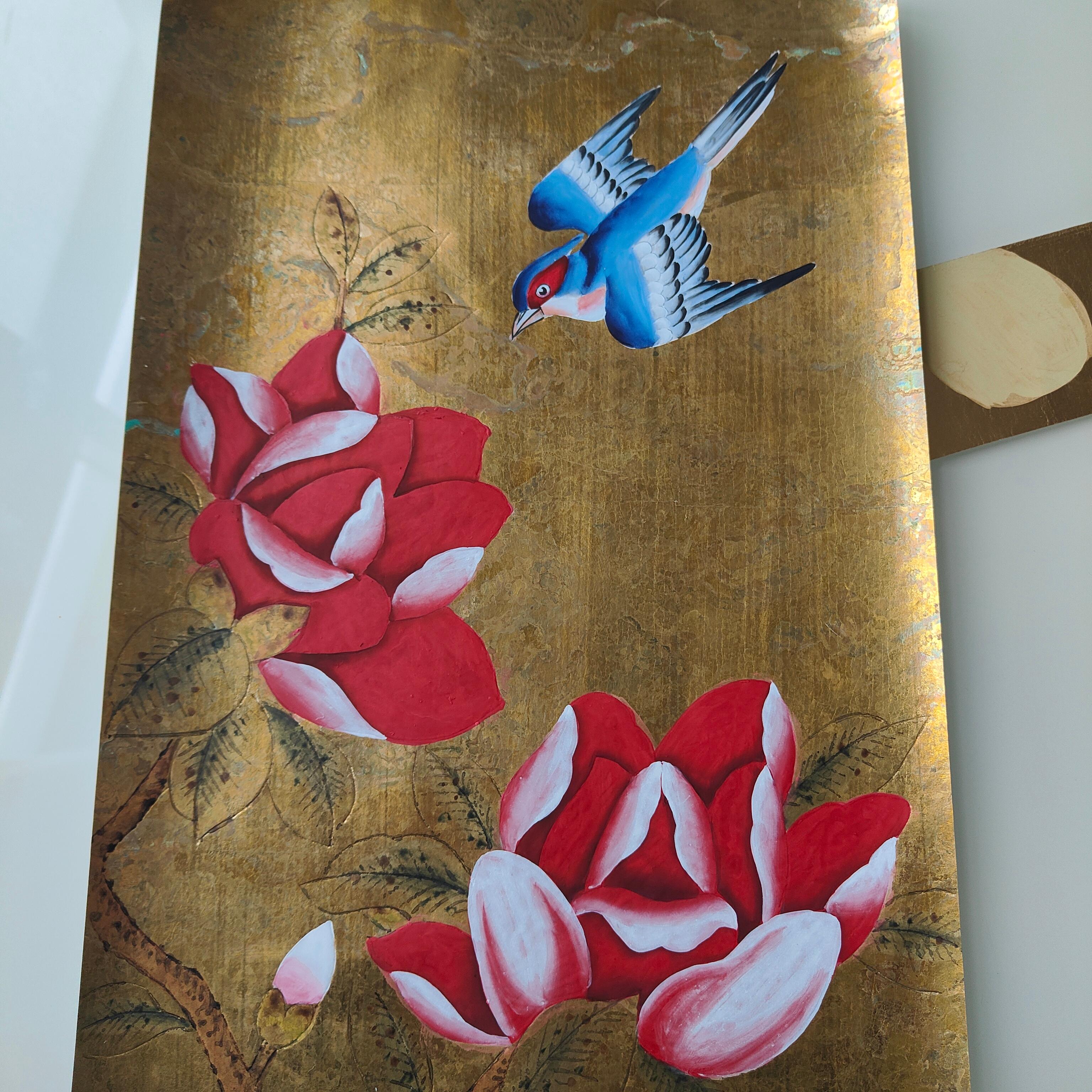 Sample for Hand Painted Wallpaper on Antiqued Gold Metallic at 1stDibs