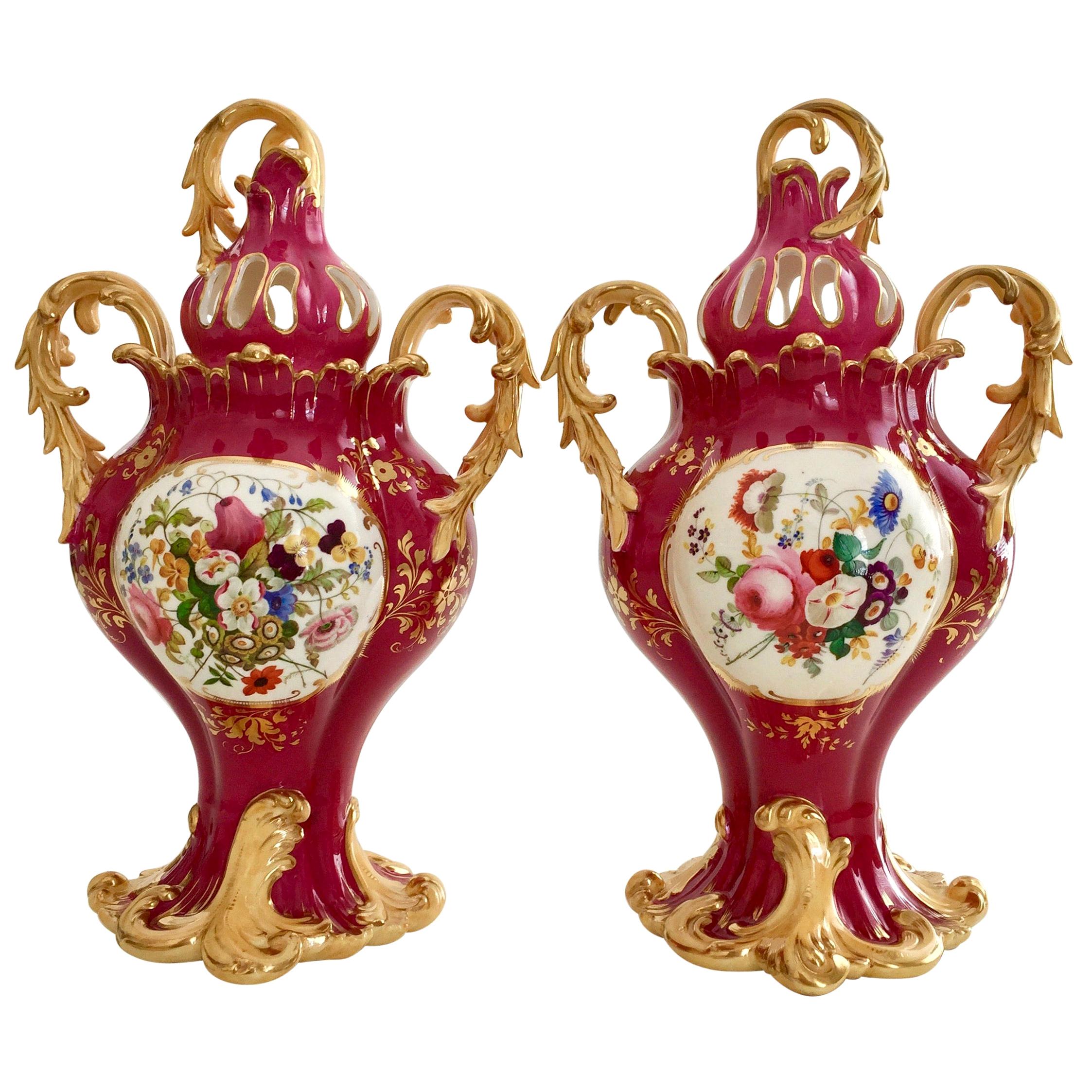 Samuel Alcock Pair of Porcelain Rococo Revival Vases, Maroon and ...