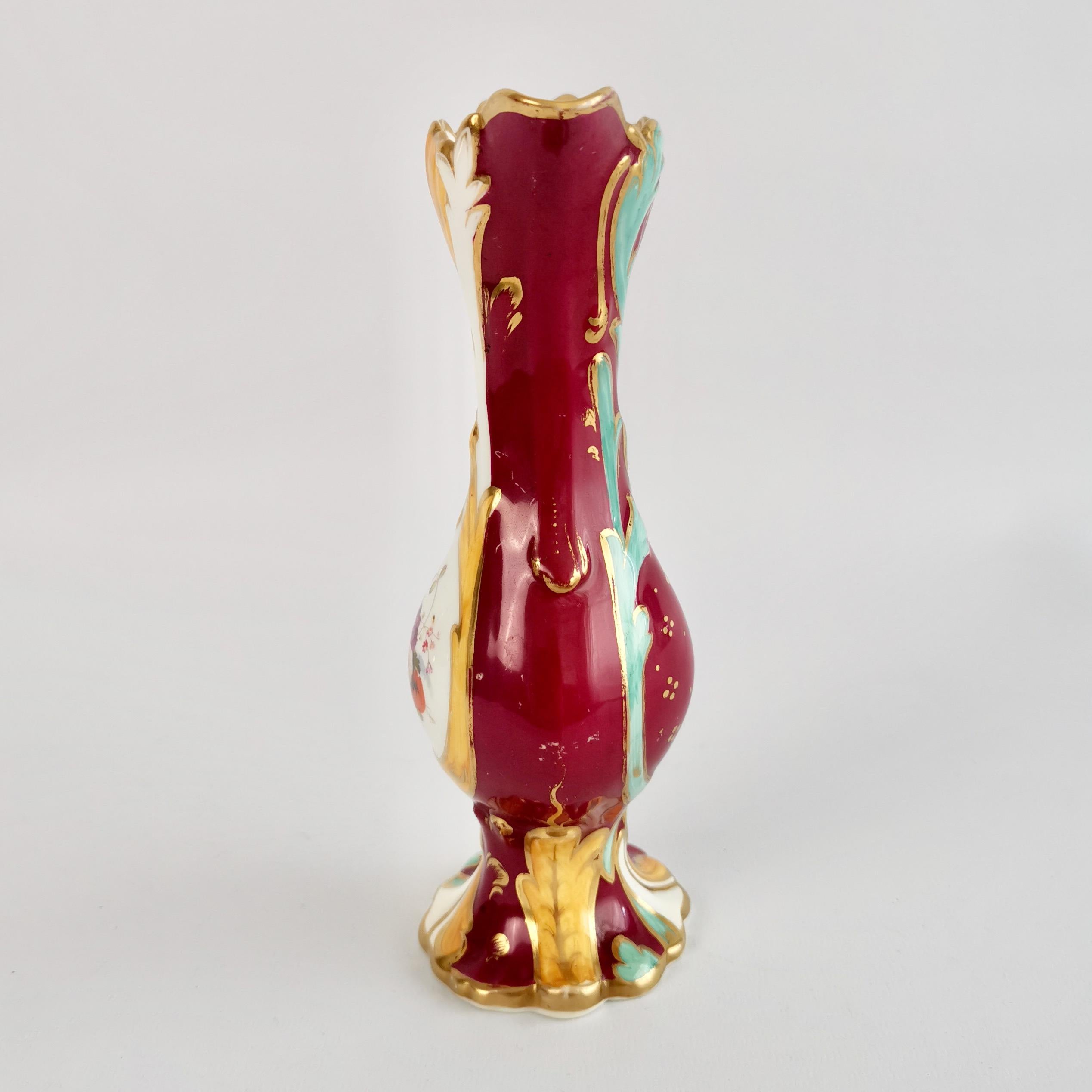 Samuel Alcock Small Porcelain Vase, Maroon with Flowers, Rococo Revival ...