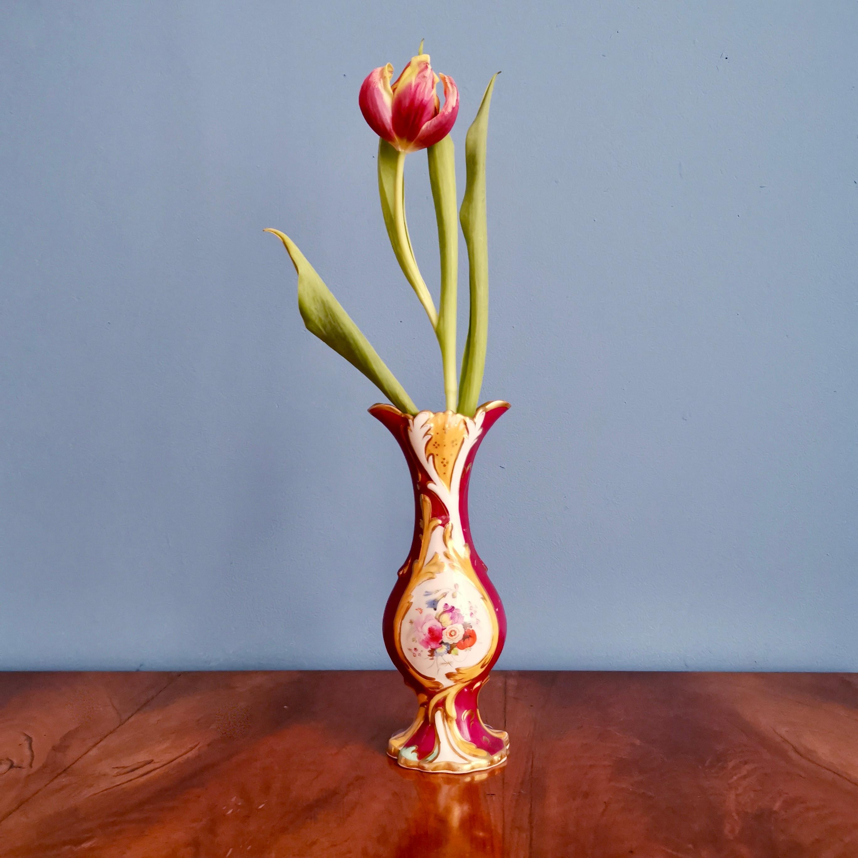Samuel Alcock Small Porcelain Vase, Maroon with Flowers, Rococo Revival ...