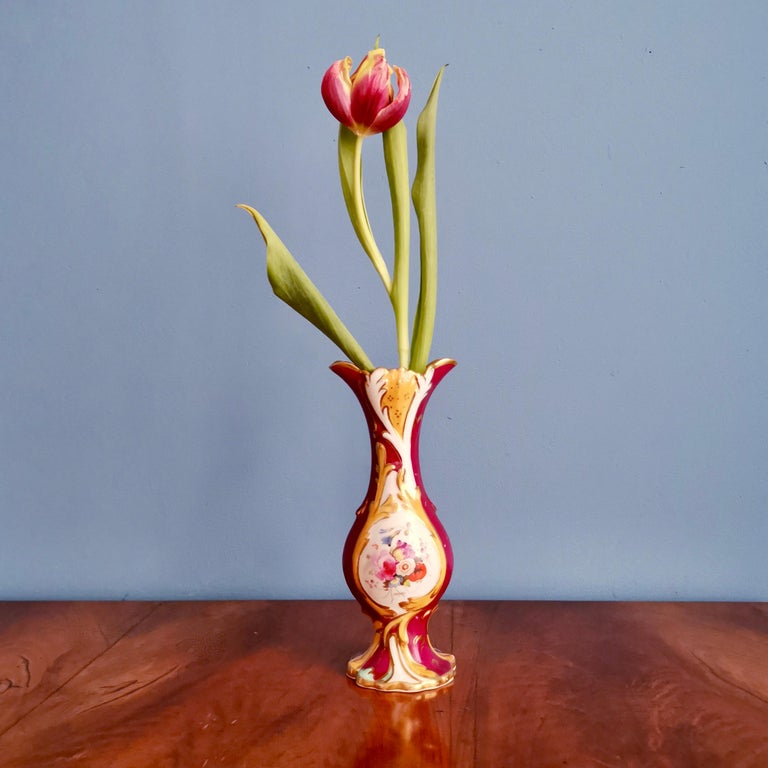 Samuel Alcock Small Porcelain Vase, Maroon with Flowers, Rococo Revival ...