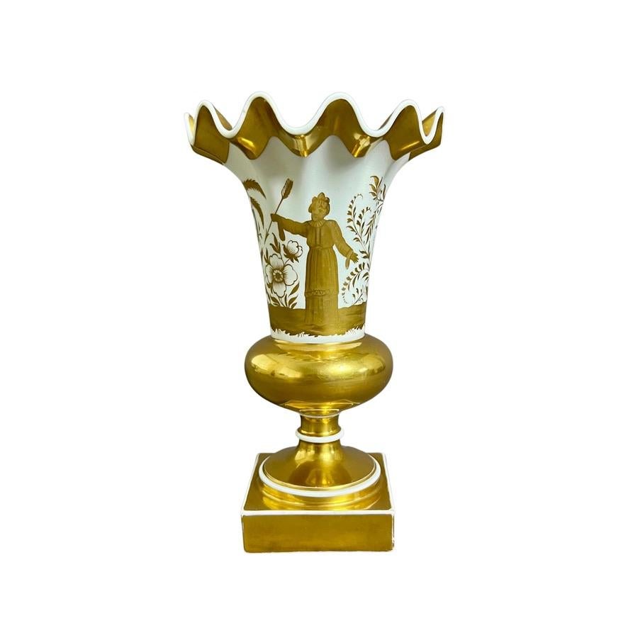 Samuel Alcock Vase, Wave-Edge, White with Gilt Chinoiserie Figure, ca ...