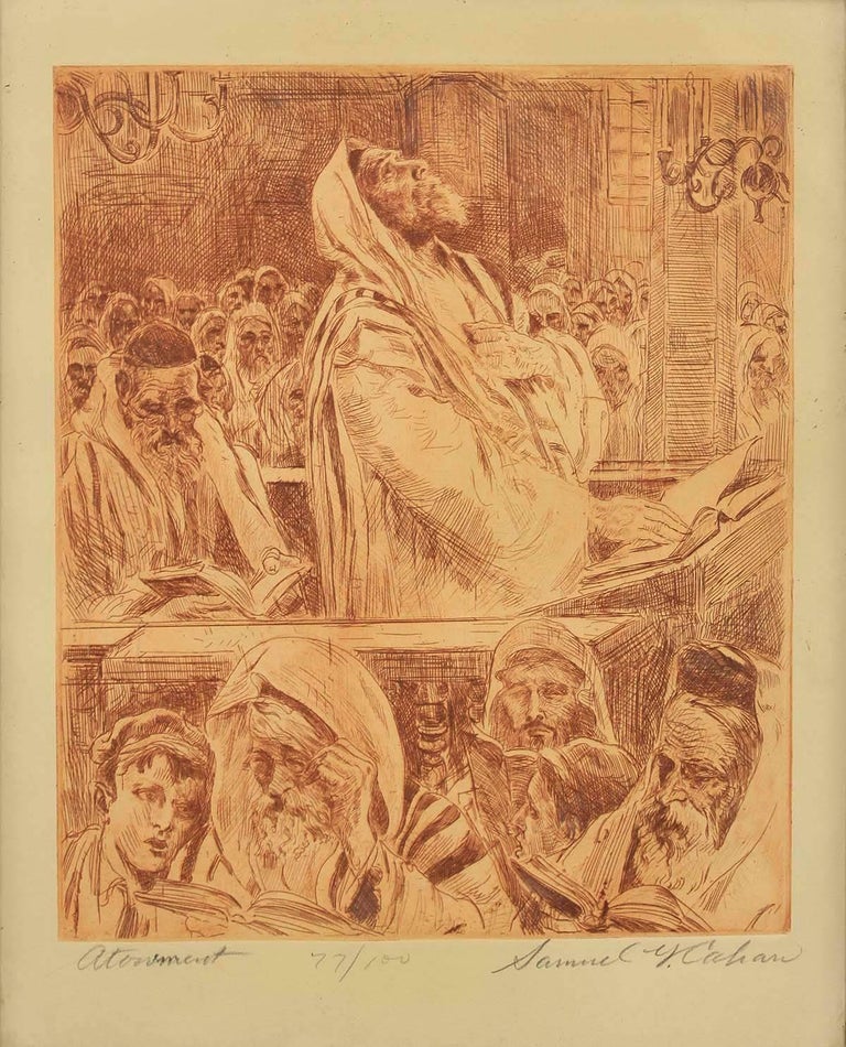 Samuel George Cahan - A Fine Judaica Etching "Atonement" Yom Kippur in the Synagogue For Sale at ...