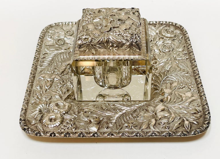 Samuel Kirk and Son Floral Repouse 11oz Silver and Crystal Inkstand ...