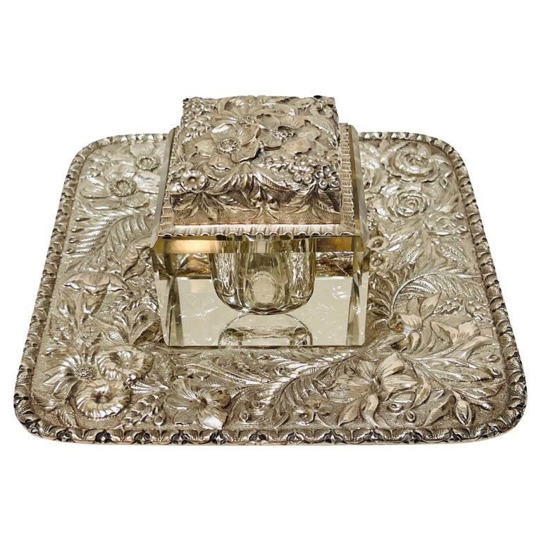 Samuel Kirk and Son Floral Repouse 11oz Silver and Crystal Inkstand ...