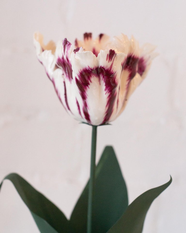 Samuel Mazy Pink, White and Green Porcelain Tulip Sculpture at 1stDibs