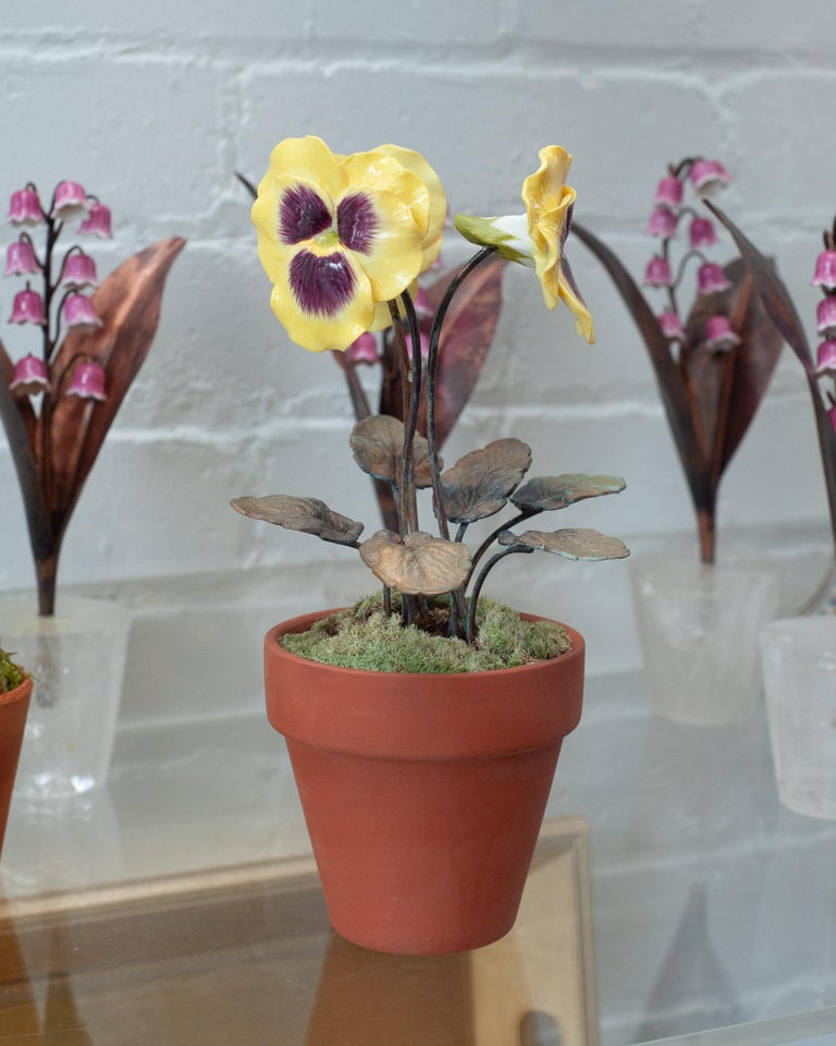 Samuel Mazy Three Stem Glazed Yellow and Purple Porcelain Pansy ...