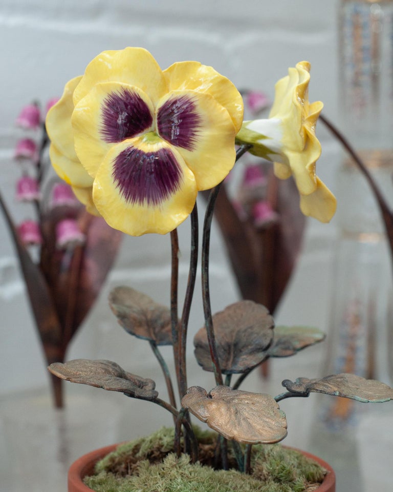 Samuel Mazy Three Stem Glazed Yellow and Purple Porcelain Pansy ...