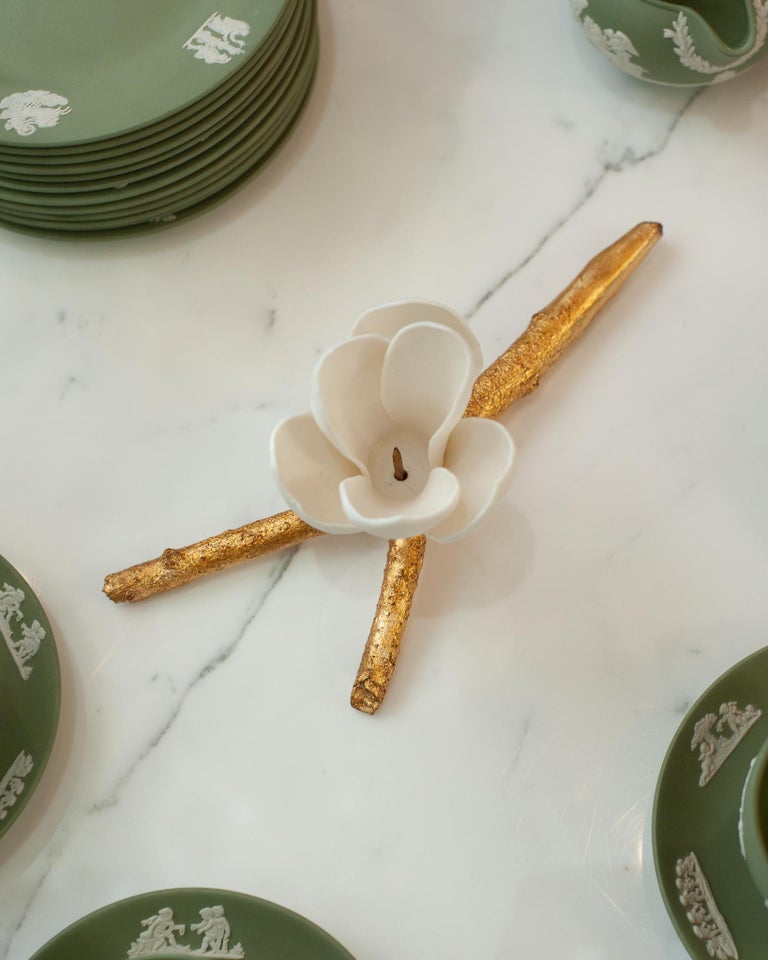 Samuel Mazy White Porcelain Magnolia Candleholder For Sale at 1stDibs