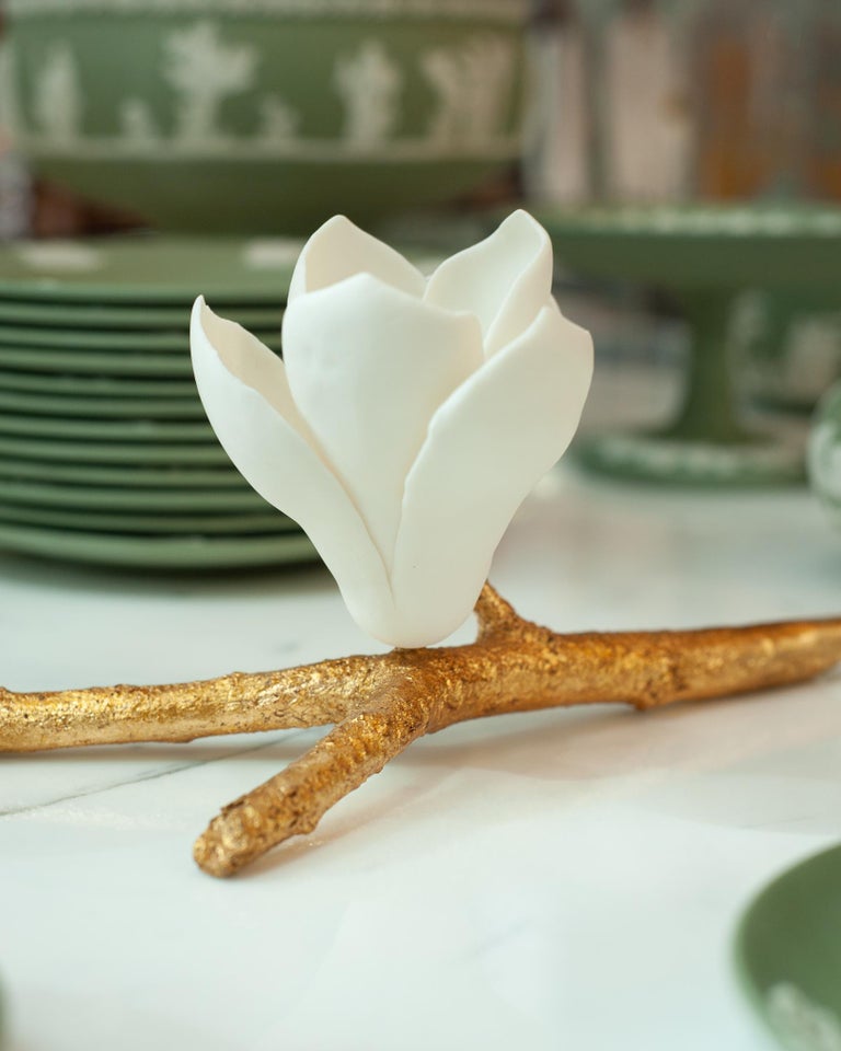 Samuel Mazy White Porcelain Magnolia Candleholder For Sale at 1stDibs
