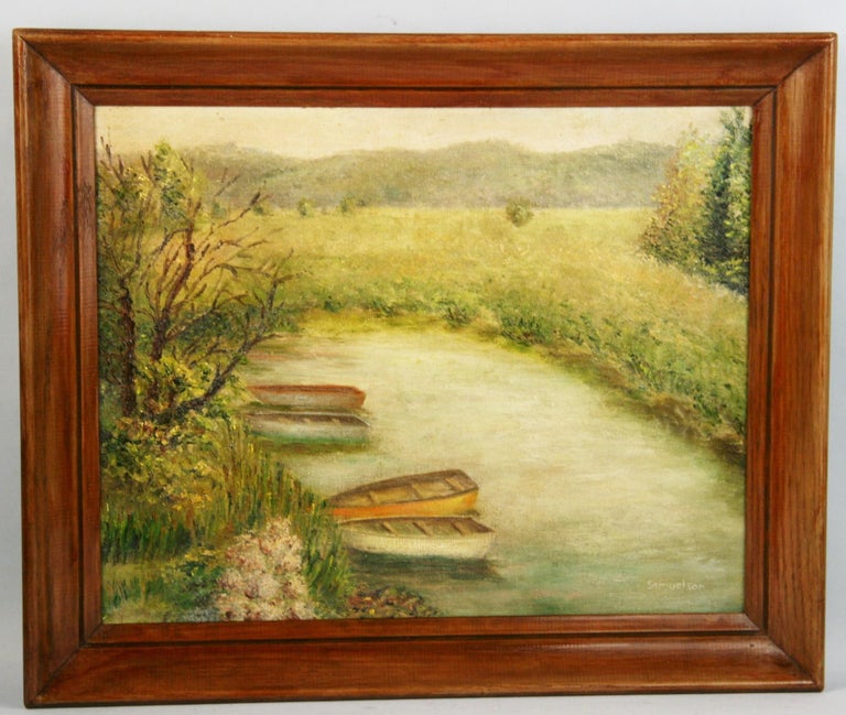 Samuelson - Vintage Landscape Oil Painting Boats at Rivers Edge For ...