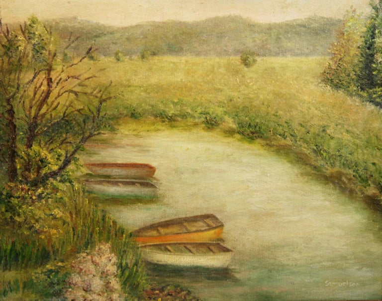 Samuelson - Vintage Landscape Oil Painting Boats at Rivers Edge For ...