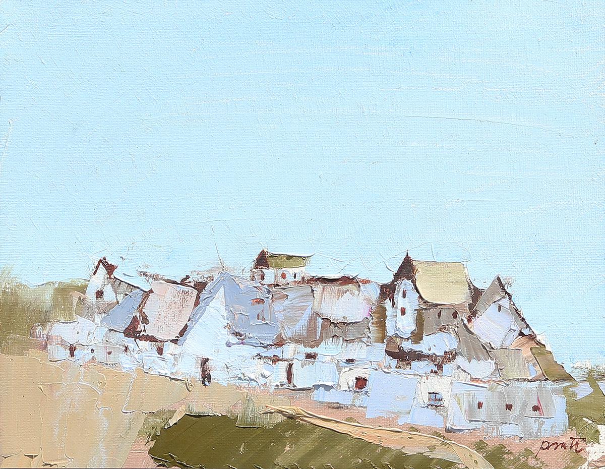 Sandra Pratt - "Dairy Farm" Modern Abstract Sky Blue Landscape Painting ...