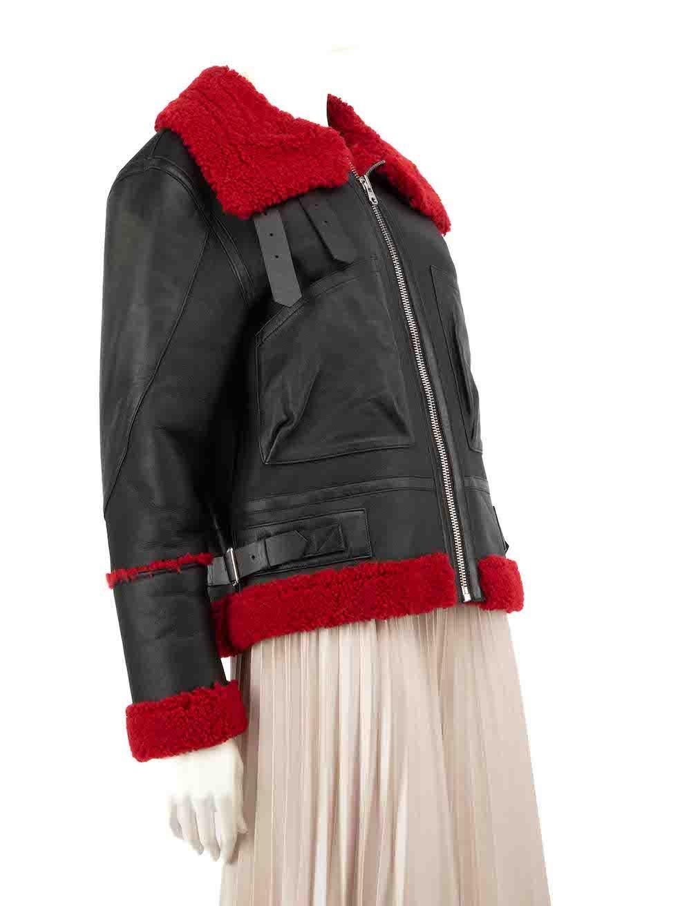 Sandro Black Leather Red Shearling Lined Jacket Size L For Sale at 1stDibs