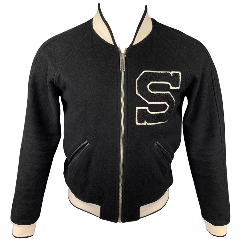 SANDRO Size S Black and White Patch Wool Blend Zip Up Jacket For Sale ...