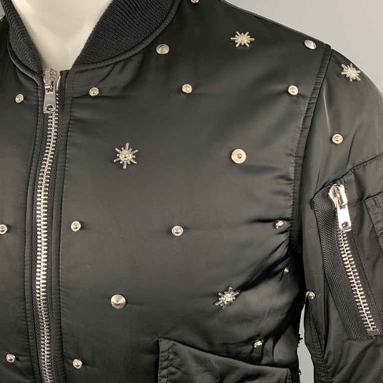 SANDRO Size XS Black Silver Tone Star Studded Nylon Bomber Flight ...