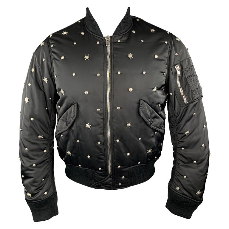 SANDRO Size XS Black Silver Tone Star Studded Nylon Bomber Flight ...